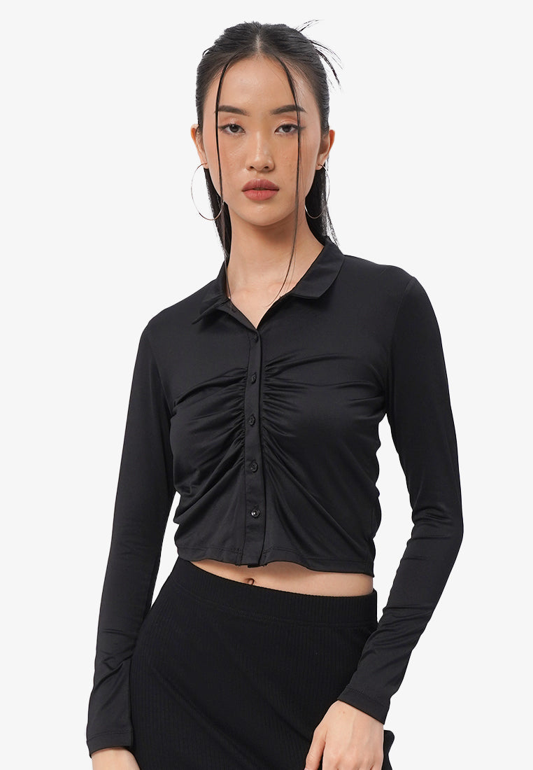 Front Ruched Long Sleeve Shirt Black – COLORBOX - Indonesia