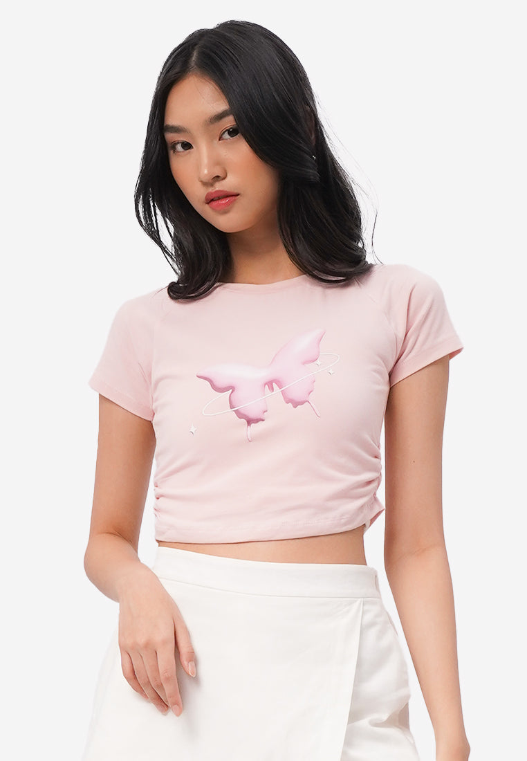 Side Ruched Raglan Graphic T-Shirt L.Pink – COLORBOX - Indonesia