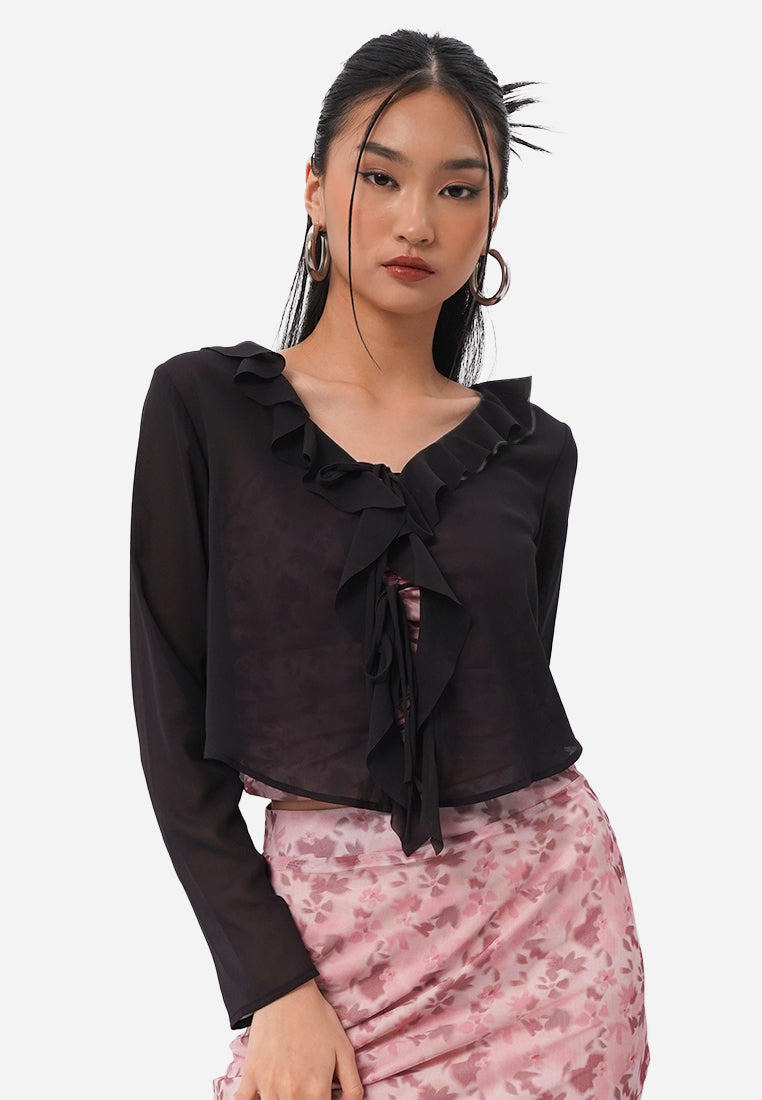 Ruffled Sheer Long Sleeve Top – COLORBOX - Indonesia