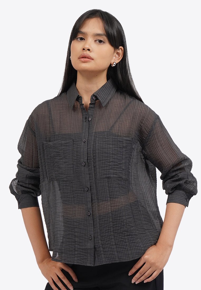 Textured Long Sleeve Sheer Shirt – COLORBOX - Indonesia