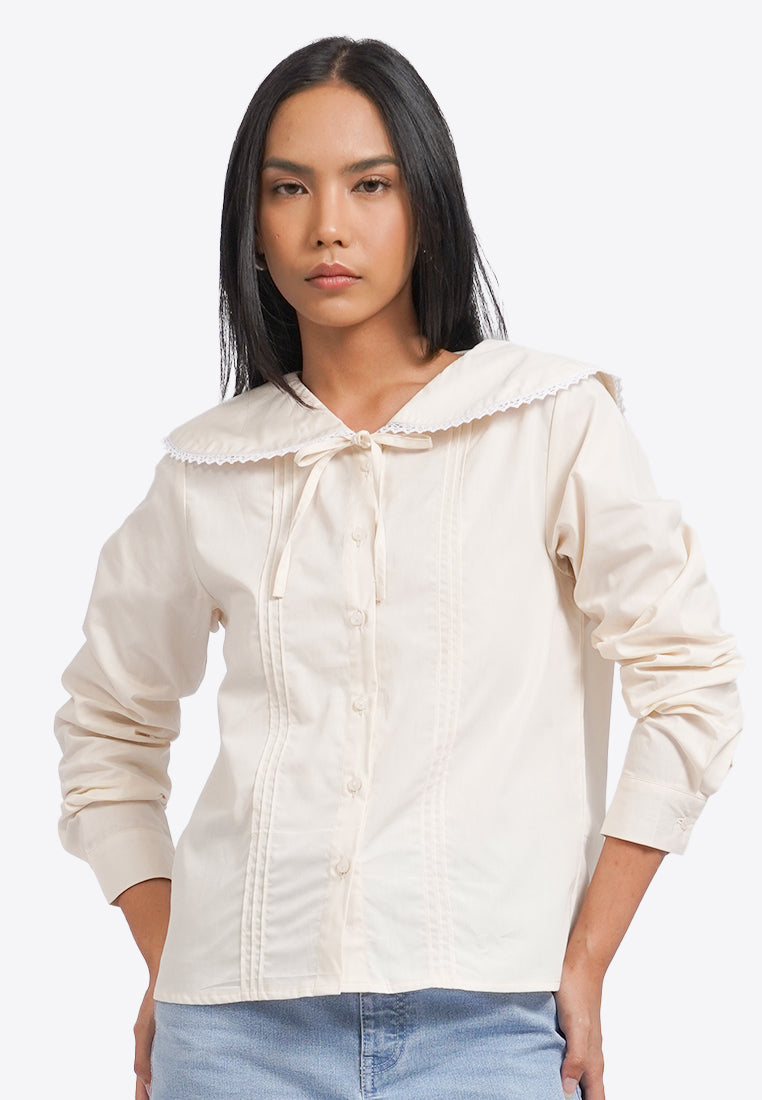 Wide Collar Long Sleeve Pleated Top – COLORBOX - Indonesia