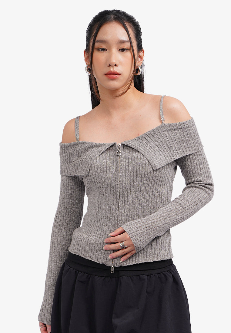 Off Shoulder Zipped Long Sleeve Top Grey – COLORBOX - Indonesia