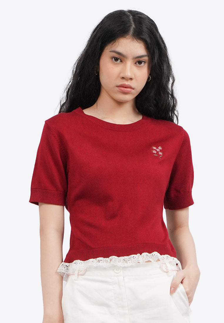 Embroidered Knit Top with Lace Detail – COLORBOX - Indonesia